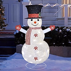 Lighted Christmas Snowman Decorations, 4FT Outdoor Collapsible White Snowman with Built-in LED Lights, Pre-Lit Pop Up Xmas Snowman, Light Up for Holiday New Year Winter Decor （lint）