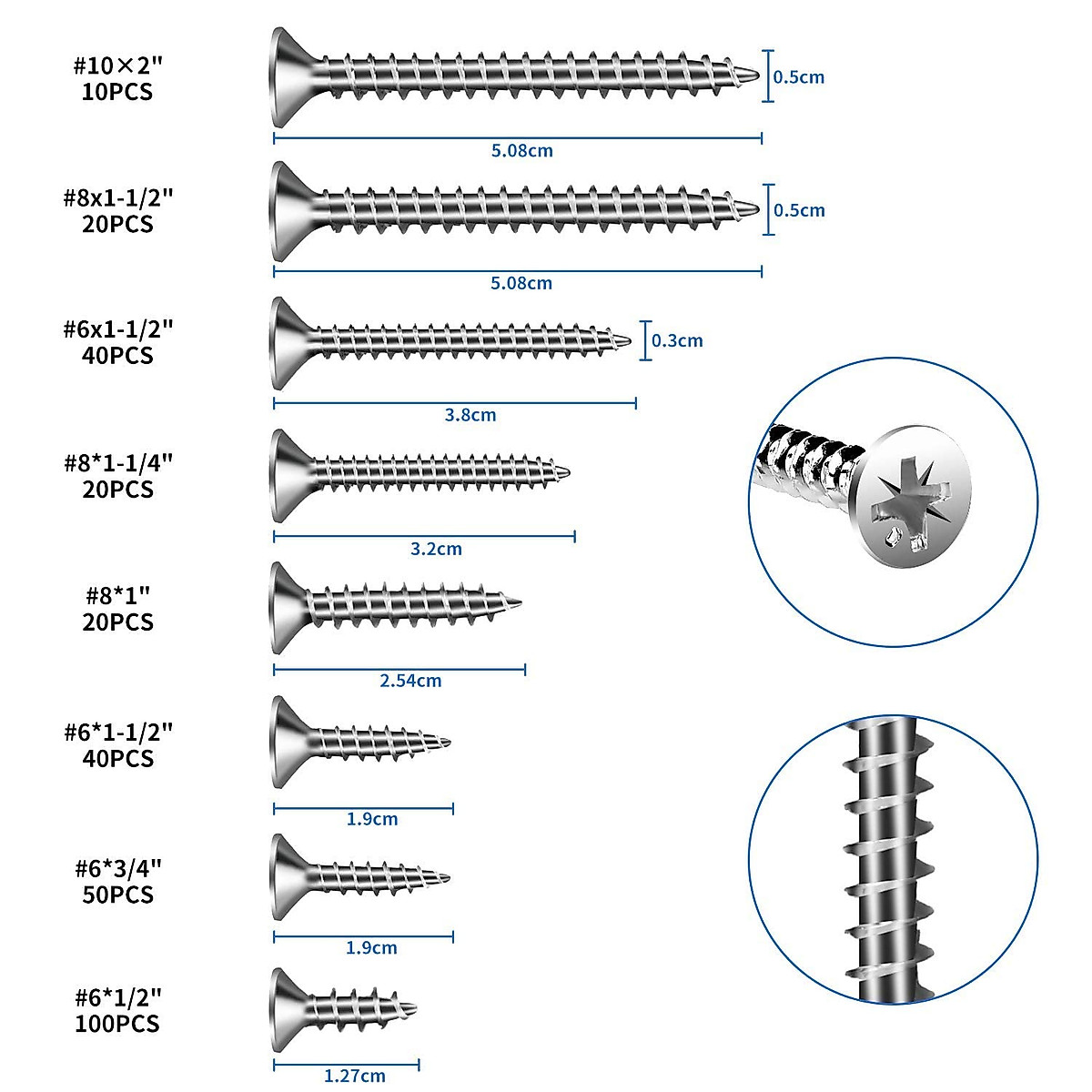 WELLOCKS Wood Screws 290 PCS #6#8#10 Metal Drywall Screws Assortment Upgrade Thicken Box Carbon Steel Flat Head Self Tapping Screw Kit with Handy Storage Box for Homemade Repair Woodwork(D001)