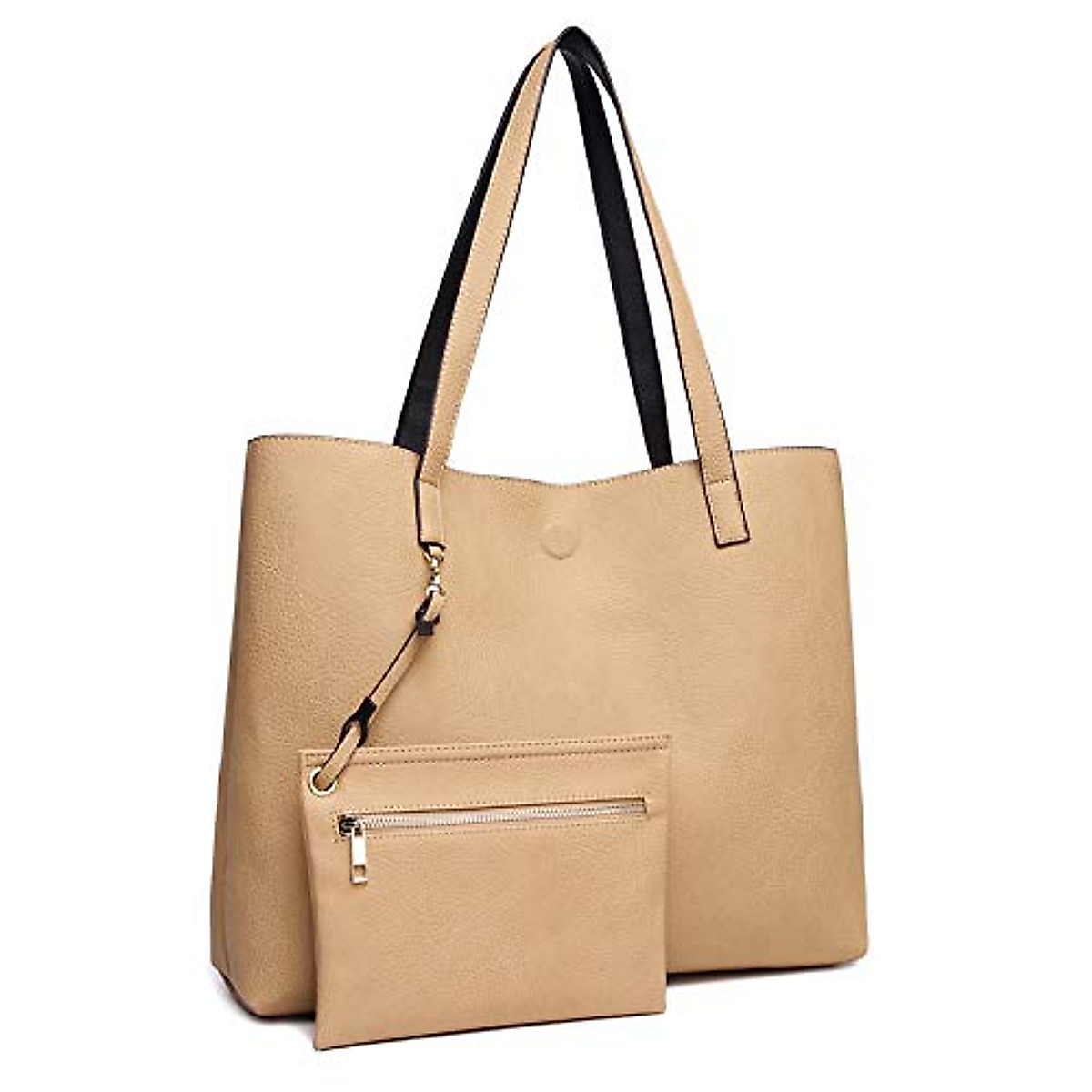 ilishop Stylish Tote Bag Reversible Shoulder Handbag with Coin Purse for Women (Black-khaki)