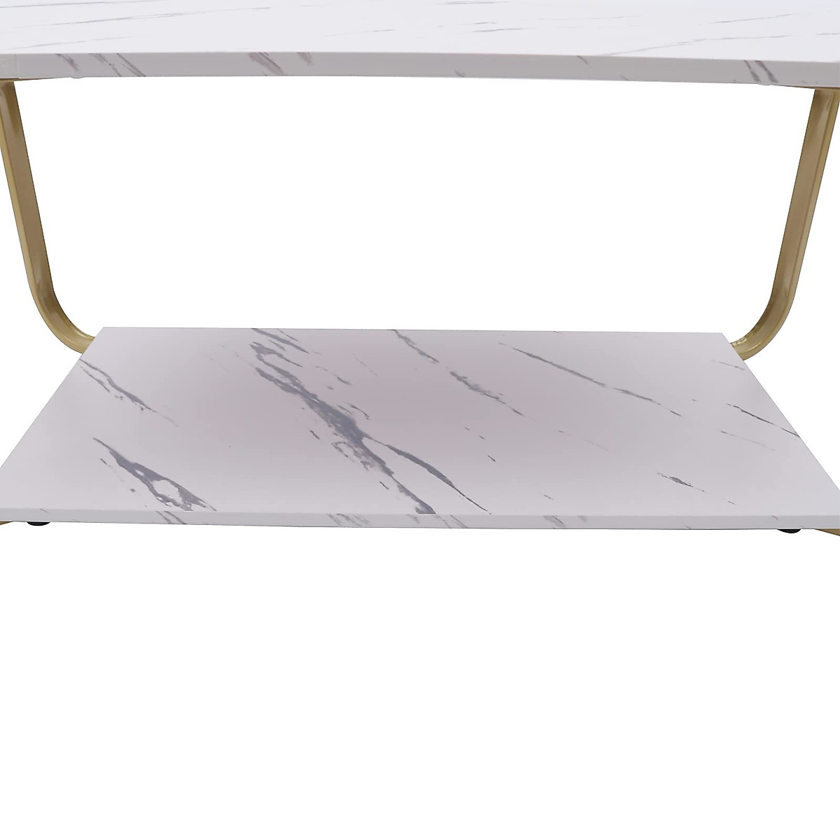Rectangular Coffee Table for Living Room, 39.4" Faux White Marble Coffee Table with Storage Shelf, 2-Tier Modern Center Table with White Faux Marble Tabletop, Gold Metal Frame