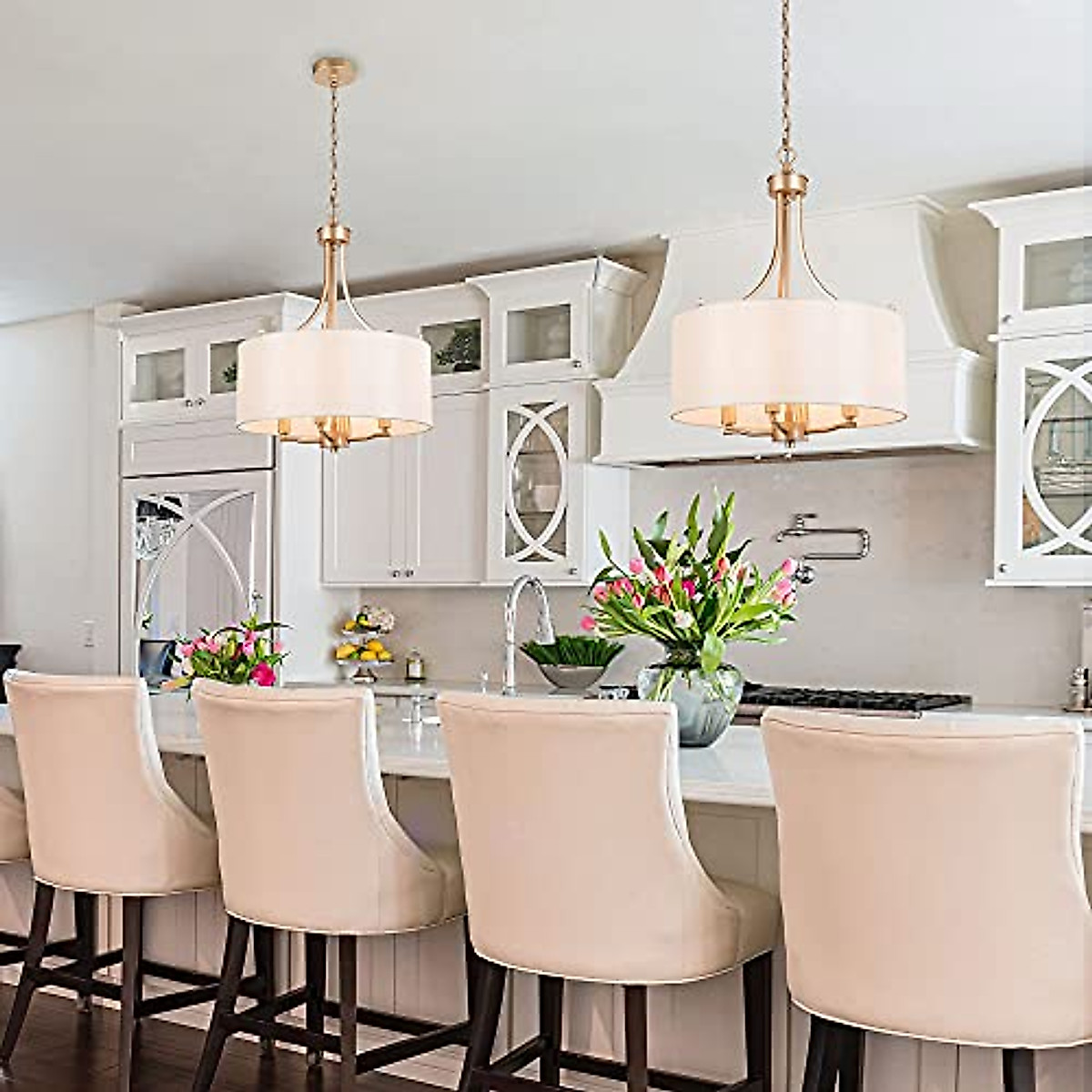 classy leaves Gold Chandelier Light Fixture, 4-Light Modern Drum Chandelier Lighting, Gold Pendant Light with White Fabric Shade for Dining Room, Kitchen Island, Foyer, Living Room, 16’’ D x 21.5’’ H