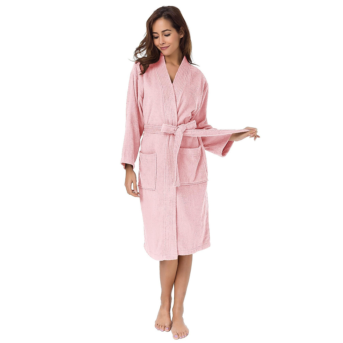 SIORO Terry Cloth Robes for Women Cotton Kimono Bathrobe Towel Soft Fuzzy Absorbent Long Sleeve Calf Length Robe Plush Warm Shower Housecoat，Light Pink Small