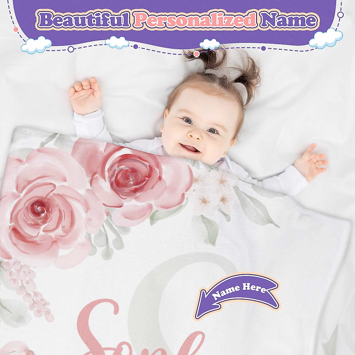 UOZGUY Personalized Floral Baby Blankets for Girls, Customized Name Baby Newborn Toddler Blankets, Baby Girl Newborn Essentials Super Soft Fleece Baby Blankets, 30"x40"