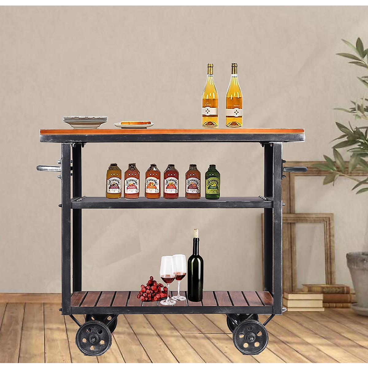 BOKKOLIK Vintage Rolling Bar Cart on Wheels Industrial Mobile Serving Cart Metal and Wood Design for Kitchen Bar Office Coffee House 36.2" Lx15.75 Wx30.5 H 3 Tier with 2 Side Handle