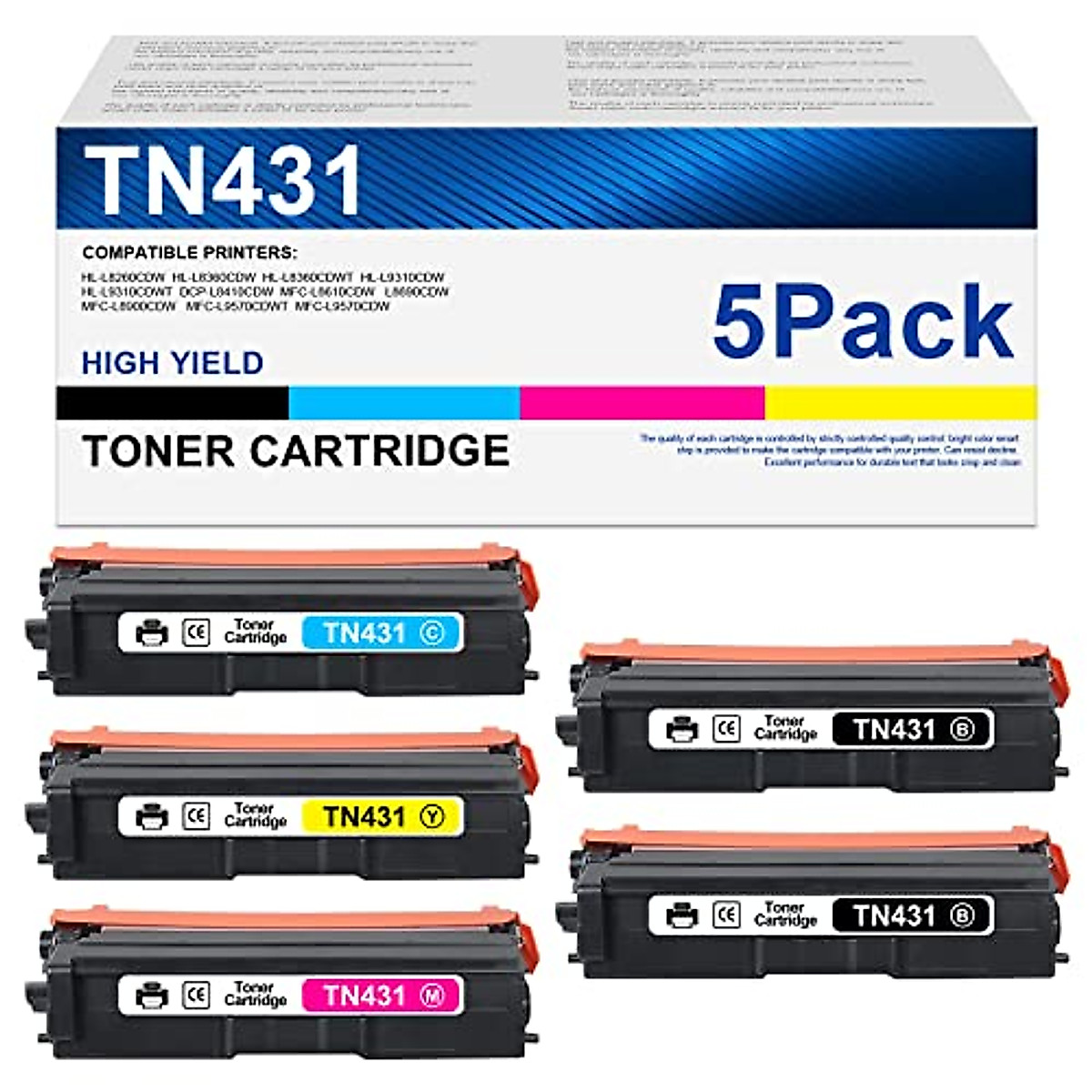 MSOTFUN Compatible TN431 Toner Cartridge Replacement for Brother TN431 TN-431 TN 431 MFC-L8900 L9570 HL-L8360 L9310 Printer (Black Cyan Yellow Magenta,5-Pack)