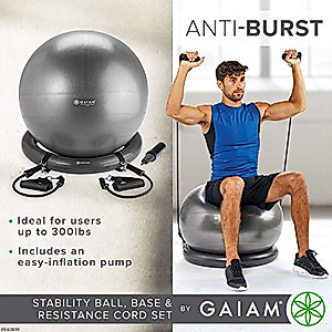 Gaiam Balance Ball, Base & Resistance Band Kit, 65cm Yoga Ball Chair, Exercise Ball with Inflatable Ring Base for Home or Office Desk, Includes Air Pump, Grey