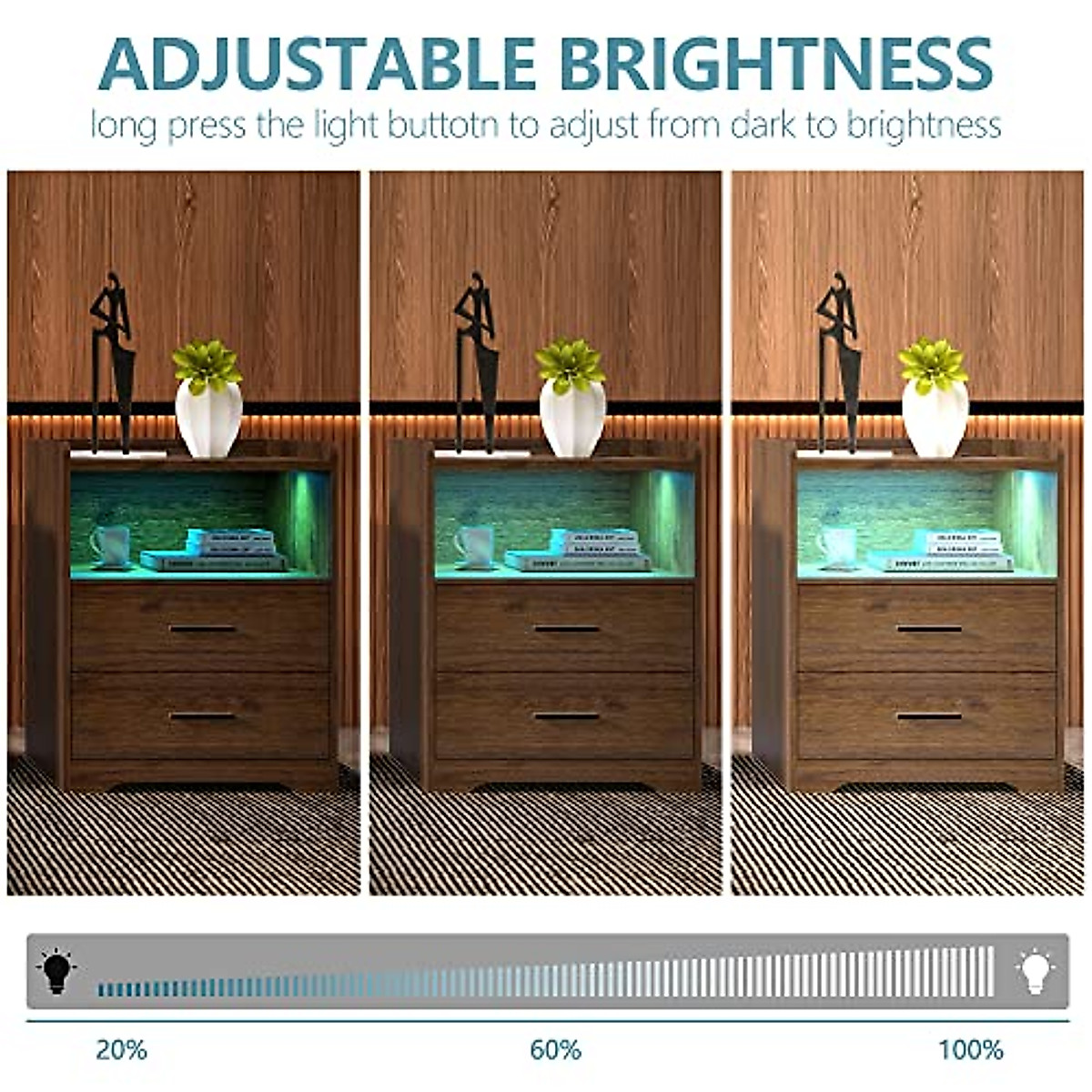 dnbss Brown Nightstand with Charging Station, Smart Bedside Table with 24-Color RGB LED Lights, Charging Nightstand for Bedroom, Modern End Side Table for Living Room Office