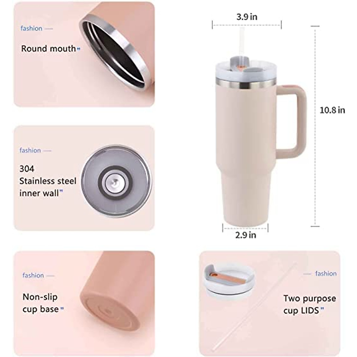 40oz stainless steel vacuum mug with handle and straw flip straw travel mug for men and women (White)