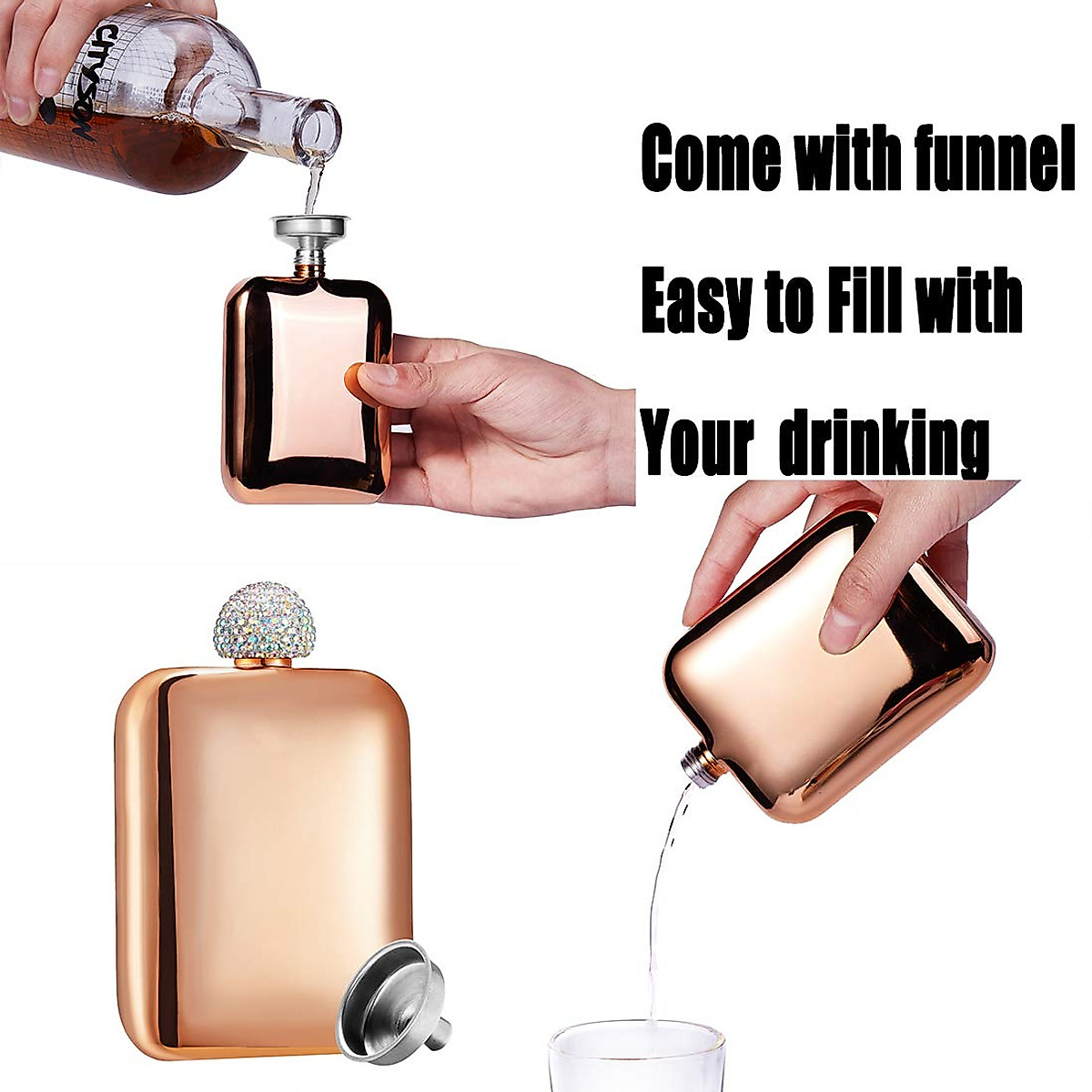 Hillside-Kit Booze Shot Flask- AB Crystal Lid Creative 304 Stainless Steel Wine Alcohol Liquor Flask for Women Girls Men Party Hand size Flask-6OZ
