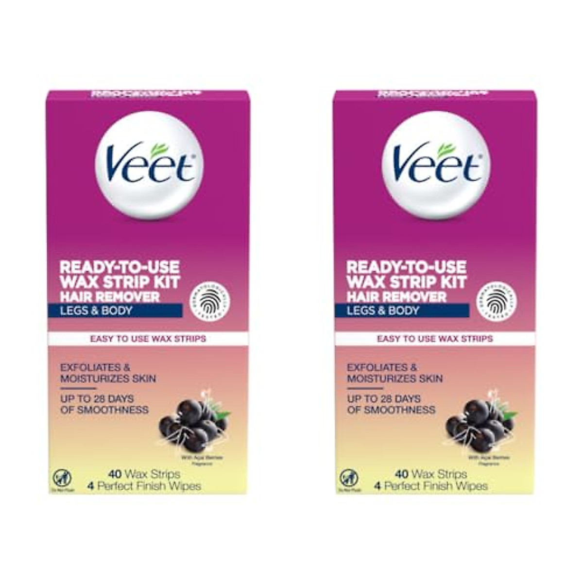 Veet Leg & Body Hair Removal Kit- Sensitive Formula, Ready-to-use Cold Wax Strips, Shea Butter & Acai Fragrance, 40 Count (Pack of 2)
