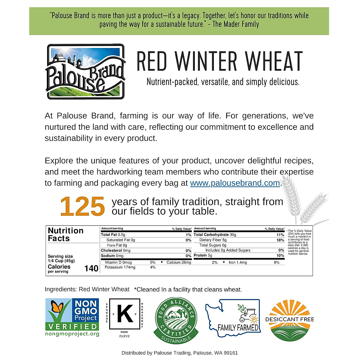 Hard Red Winter Wheat Berries | 5 LBS | Family Farmed in Washington State | Non-GMO Project Verified | 100% Non-Irradiated | Certified Kosher Parve | Field Traced | Burlap Bag