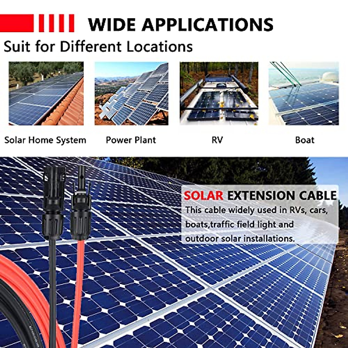 Solar Extension Cable Aimyzii 1 Pair(10Ft Red + 10Ft Black) 10AWG(6mm²) Solar Panel Cable MC4 Extension Cable with Female and Male Connectors