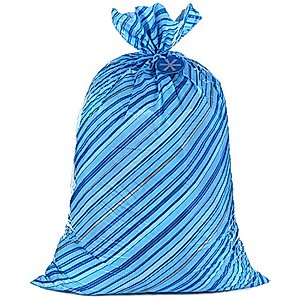Hallmark 56" Jumbo XL Holiday Plastic Gift Bag (Blue Stripes with Gift Tag) for Hanukkah, Christmas, Father's Day, Birthday, Graduations, Baby Showers