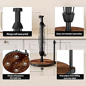 VEHHE Paper Towel Holder Stand, Wood Farmhouse Paper Towel Holder Countertop with Ratchet System and Suction Cups, Stainless Steel Perfect Tear Paper Towel Roll Holders with Wooden Base- Black