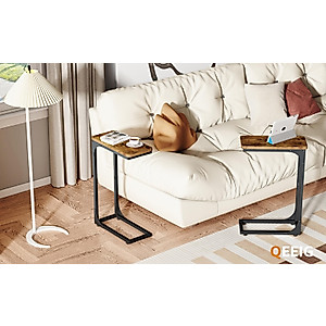 QEEIG Narrow C Shaped Side Table Set of 2 Living Room Sets Slim Couch Tray Tables Skinny Thin Small Farmhouse 7 inch Width, Rustic Brown (017-18BN)