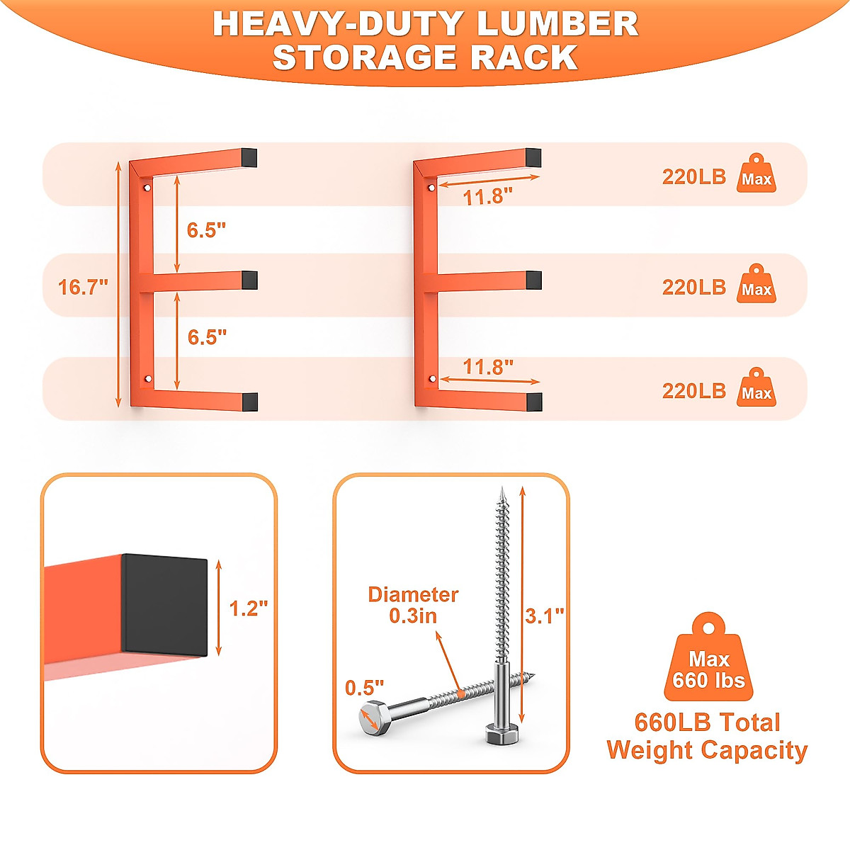 Ultrawall Lumber Storage Rack Wall Mount Wood Storage Racks, Metal Wood Organizer Racks for Shed, Workshop, Garage, Holds Up 220 LBS Per Level (Pack of 4, Orange)