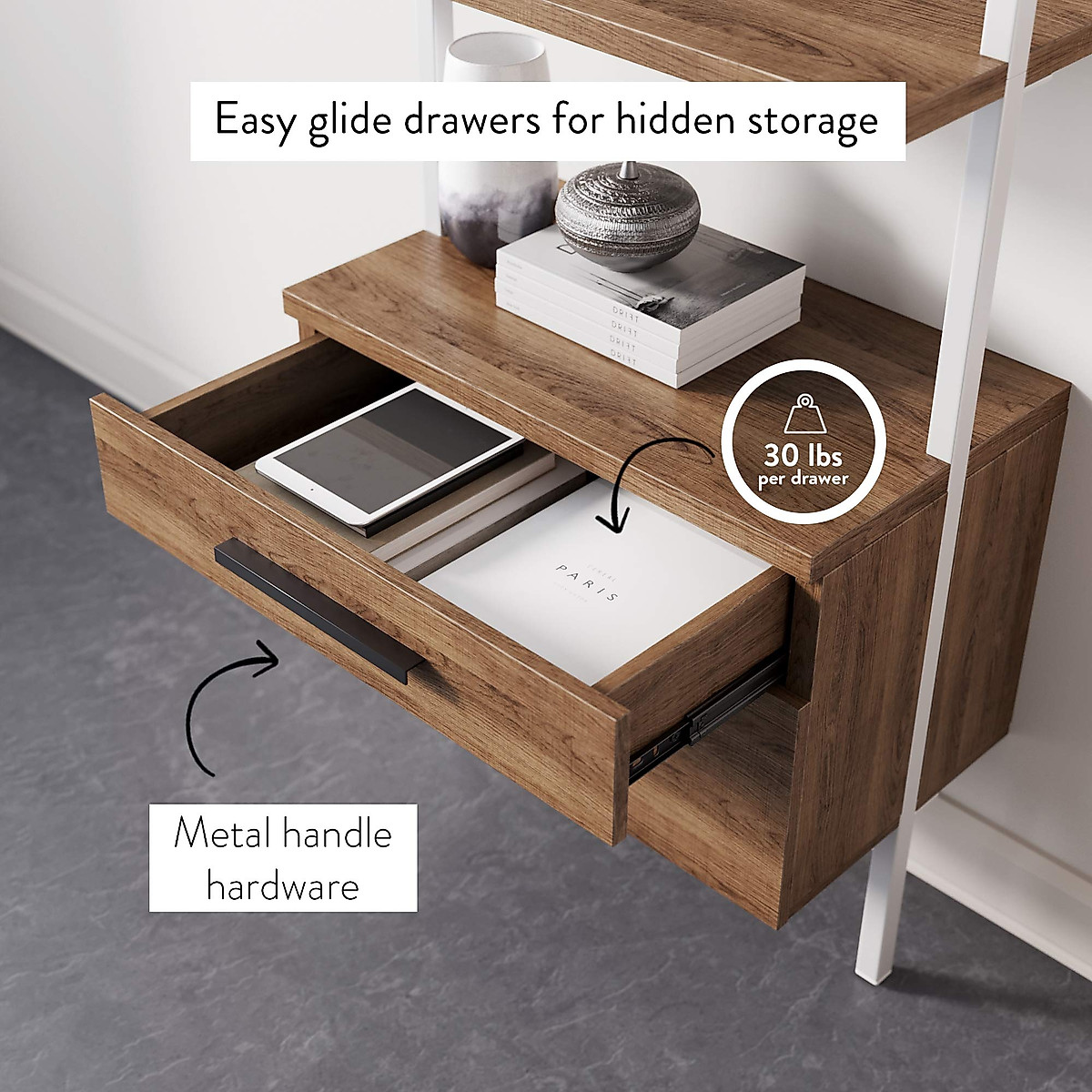 Nathan James Theo Industrial Bookshelf with Wood Drawers and Matte Steel Frame, 3-Shelf, Oak/White