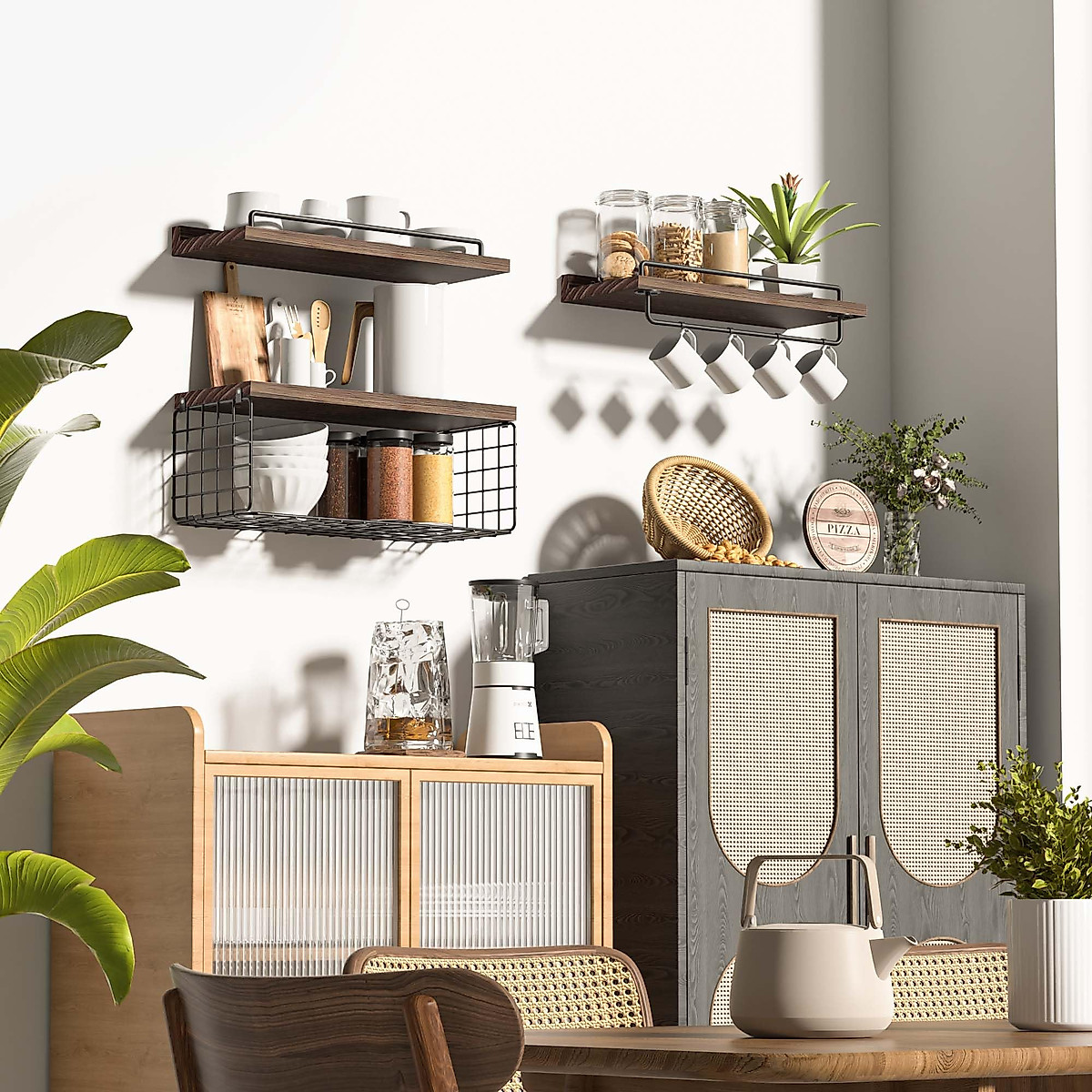 RYOFOBETTO Bathroom Shelves, Floating Shelves Over Toilet Paper Holder, Wall Mounted Rustic Wood Storage Basket Shelves for Bedroom, Living Room & Kitchen, Set of 3 (Brown)