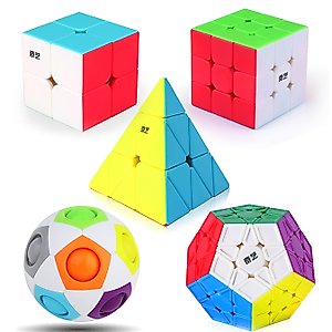 Roxenda Speed Cube Set, Speed Cube Bundle of 2x2 3x3 Megaminx Pyramid Cube and Magic Rainbow Ball Smoothly Magic Cubes Collection for Kids & Adults [5 Pack] (Stickerless)