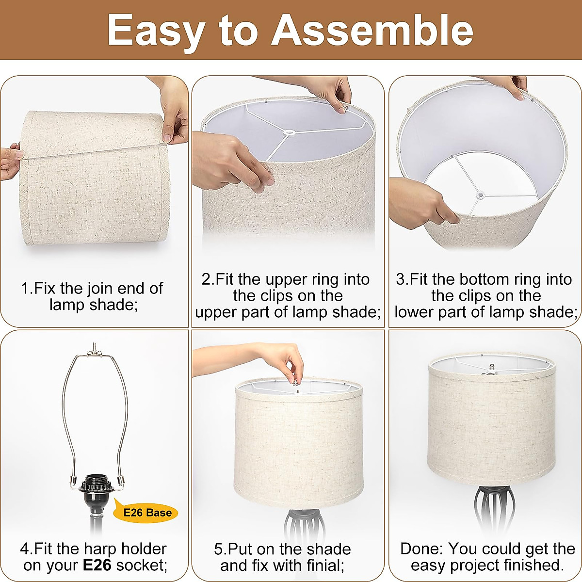 Lampshades Set of 2, Drum Lampshades 11.6" Top x 12.6" Bottom x 9.8" High, Seaside village Medium Lampshades (Spider Fitter), Beige Lampshades Natural Linen Hand Crafted, Easy Assembly Required