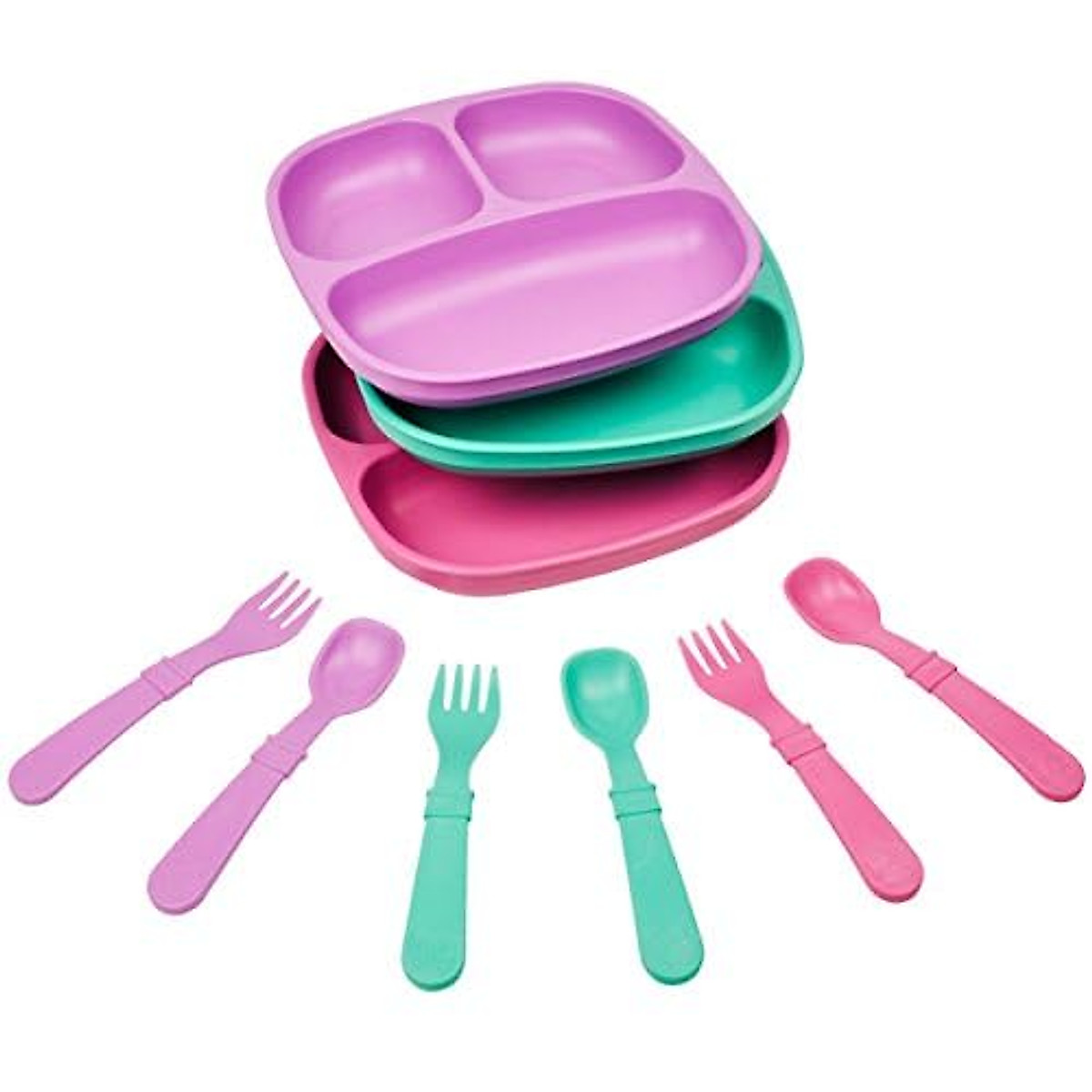 Re-Play Made in USA - 3 Meals a Day Set - 3 Divided Plates, 3 Sets of Utensils - BPA Free, Made from Environmentally Friendly Recycled Milk Jugs - Sparkle without Bowls