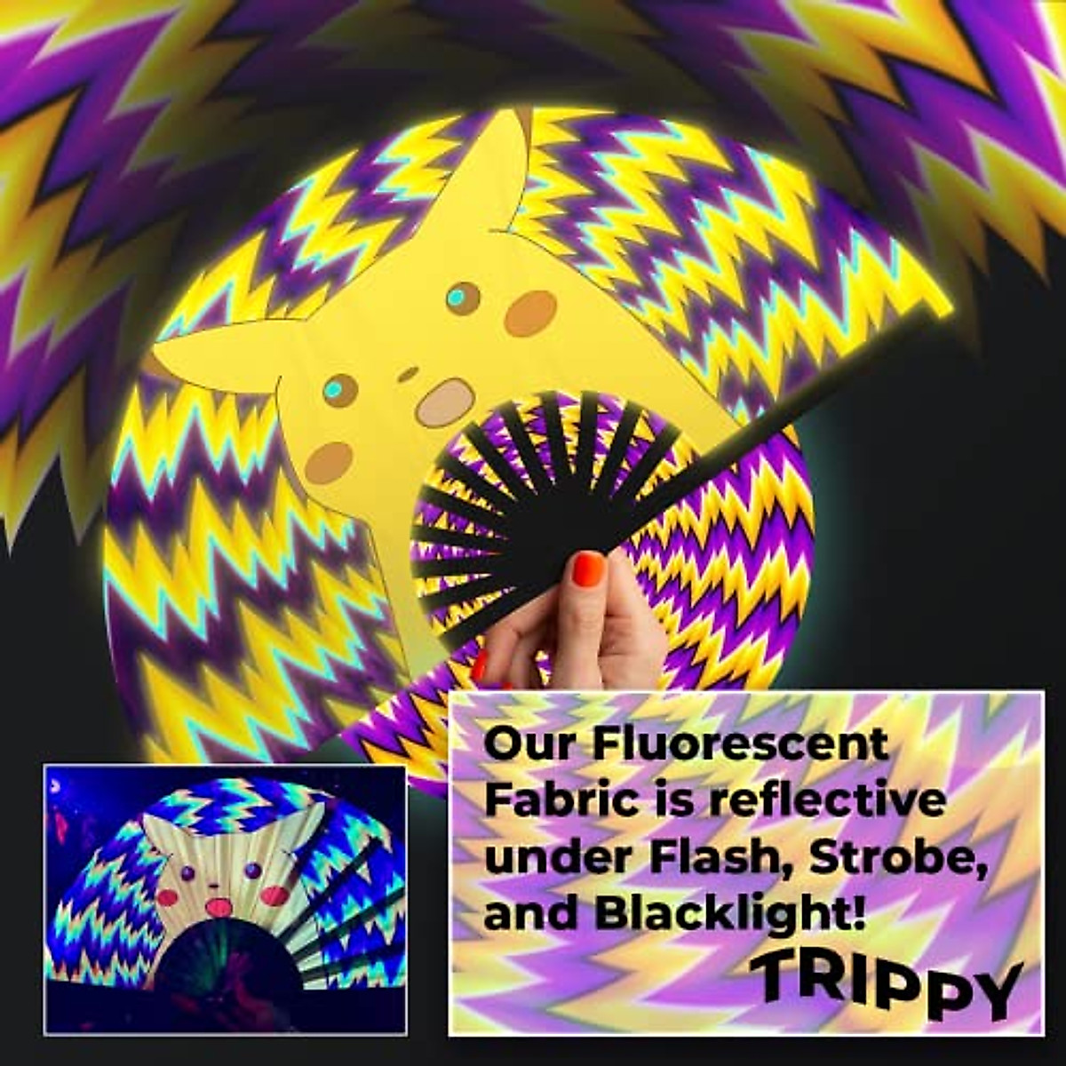 Ravedash Rave Fan - Surprised Pika Fluorescent UV Ink - 33cm - Loud Clack Festival Fans, Festival Fan, Club Fan, Bamboo Fan - for Events, Dance, Performance, Festivals