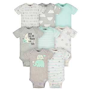 Gerber Baby 8-Pack Short Sleeve Onesies Bodysuits, Elephants, 0-3 Months