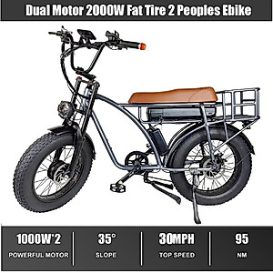 ikidsislands 2000W Electric Bike for 2 Adults, Fat Tire Mountain Ebike, 30 MPH 48V 18AH AWD Ebikes, Dual Motor E Bikes for Two People (Brown)