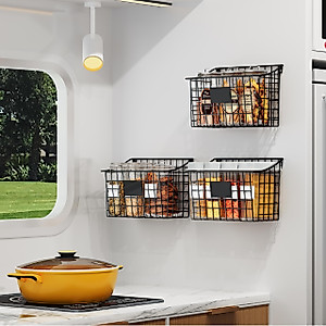 Wall Mounted Bin Basket with 5 Hooks 3 Label Plate Adhesive-3 Pack, Cabinet Hanging Metal Wire Basket,Rustic Farmhouse Decor, Storage Organization Shelf for Pantry Kitchen Bathroom 10.6*7.5*5.1inch