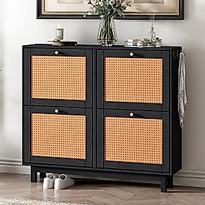 Merax Rattan Free Standing Shoe Rack with 4 Flip Drawers, Modern 2-Tier Storage Cabinet with Large Space for Entrance Hallway, Boho Style, Black