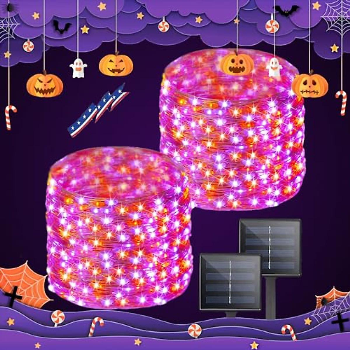Purple and Orange Halloween Lights Solar String Lights Outdoor, 2 Pack 80FT 200LED Solar Twinkle Lights Outside Waterproof, Copper Wire 8 Modes Solar Halloween Lights for Halloween Decoration Outdoor