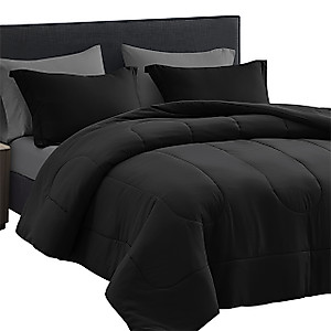 Maple&Stone Queen Size Comforter Set 7 Pieces Bed in a Bag - Down Alternative Bed Set with Sheets, Pillowcases & Shams, Soft Reversible Duvet Insert for Queen Bed, Black