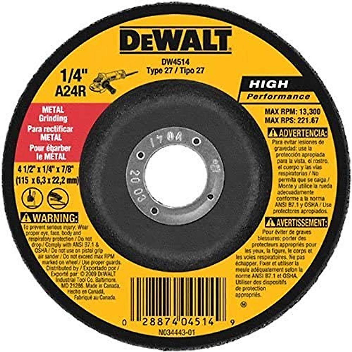 DEWALT DW4514B5 4-1/2-Inch by 1/4-Inch by 7/8-Inch Metal Grinding Wheel - 10 Pack