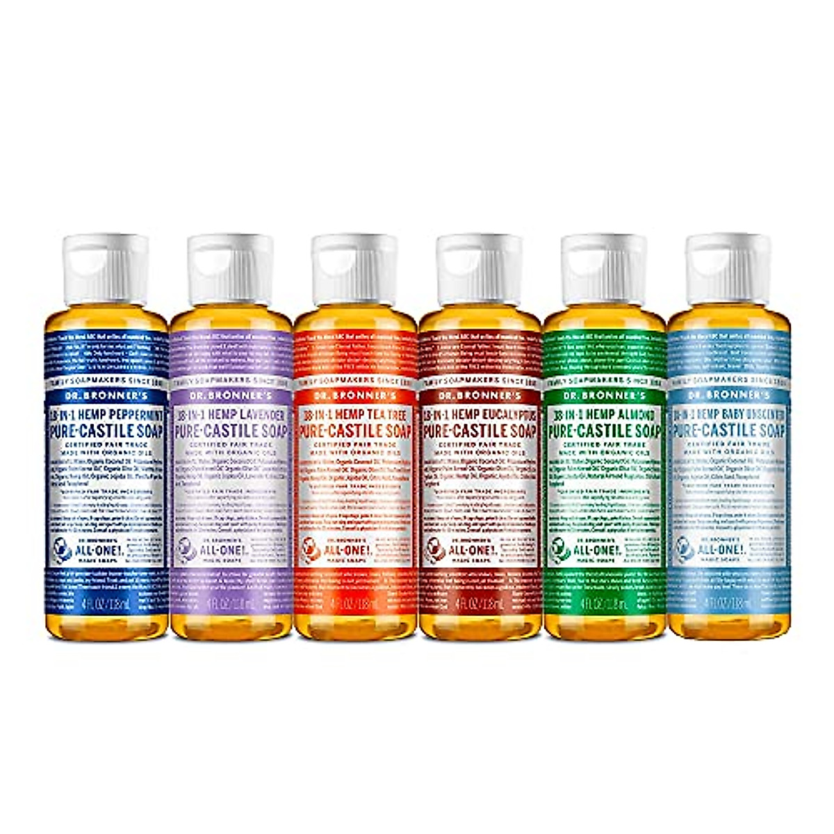 Dr. Bronner's - Pure-Castile Liquid Soap (4 oz Variety Pack) Peppermint, Lavender, Tea Tree, Eucalyptus, Almond, & Baby Unscented - Made with Organic Oils, 18-in-1 Uses: Face, Body, Hair, Laundry, Pets and Dishes | 6 Count