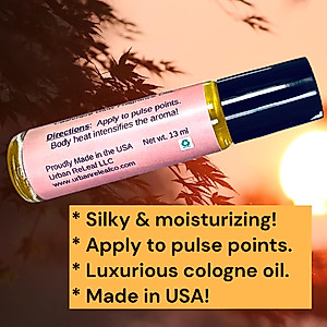 Urban ReLeaf Cashmere Glow Cologne Oil Roll-On. A Romantic Blend of Golden Peaches, Lily Petals, Cozy Vanilla, Sensual Musk & Wood. Long Lasting Fragrance Oil, Moisturizing Jojoba, Alcohol-Free Scent. Made in USA. Fits in pocket. TSA approved size.