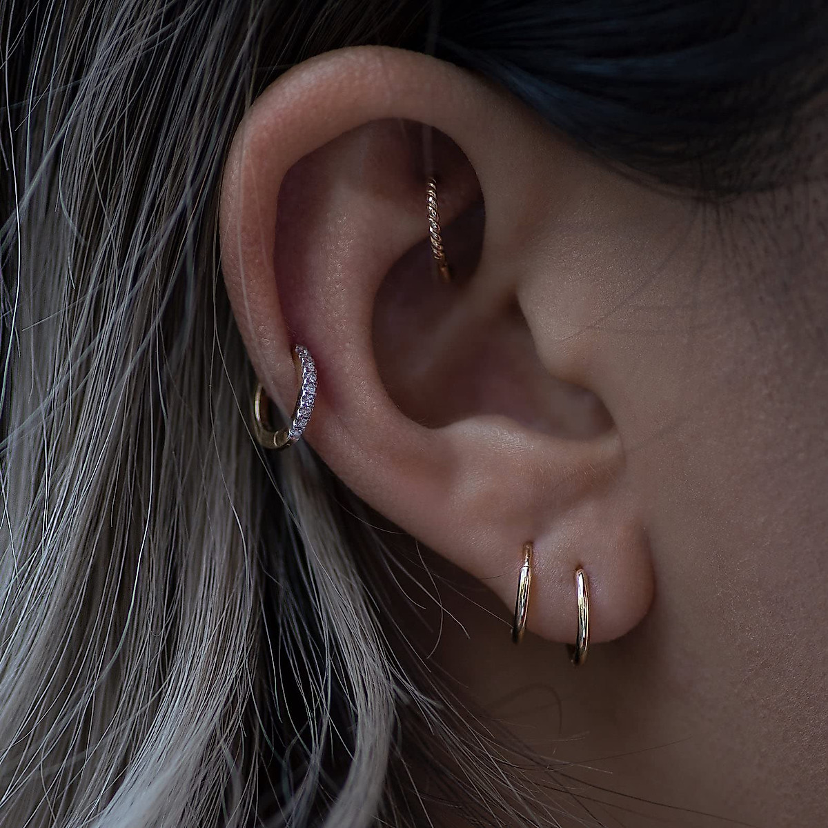 ANYGOLDS 14K Solid Gold 0.04ctw - 0.20ctw Round Diamond Hoop Earring Cartilage Daith Helix Tragus Conch Rook Snug Hoop Piercing (White Gold / 7mm / Full / 0.16ctw / Pair)