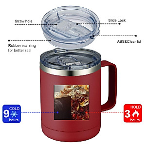 MEWAY 12oz Coffee Mug With Handle 2 Pack Bulk,Stainless Steel Insulated Travel Tumblers With Sliding Lid,Double Wall Vacuum Camping Cup for Hot & Cold Drinks Tea (Red,Set of 2)
