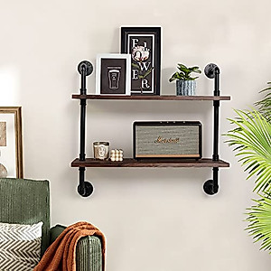 JAXPETY Industrial Floating Shelf 2-Tier Wall Mounted Pipe Shelves Rustic Wood Shelf Metal Bracket Storage Space Display Bookshelf for Bedroom, Living Room, Office