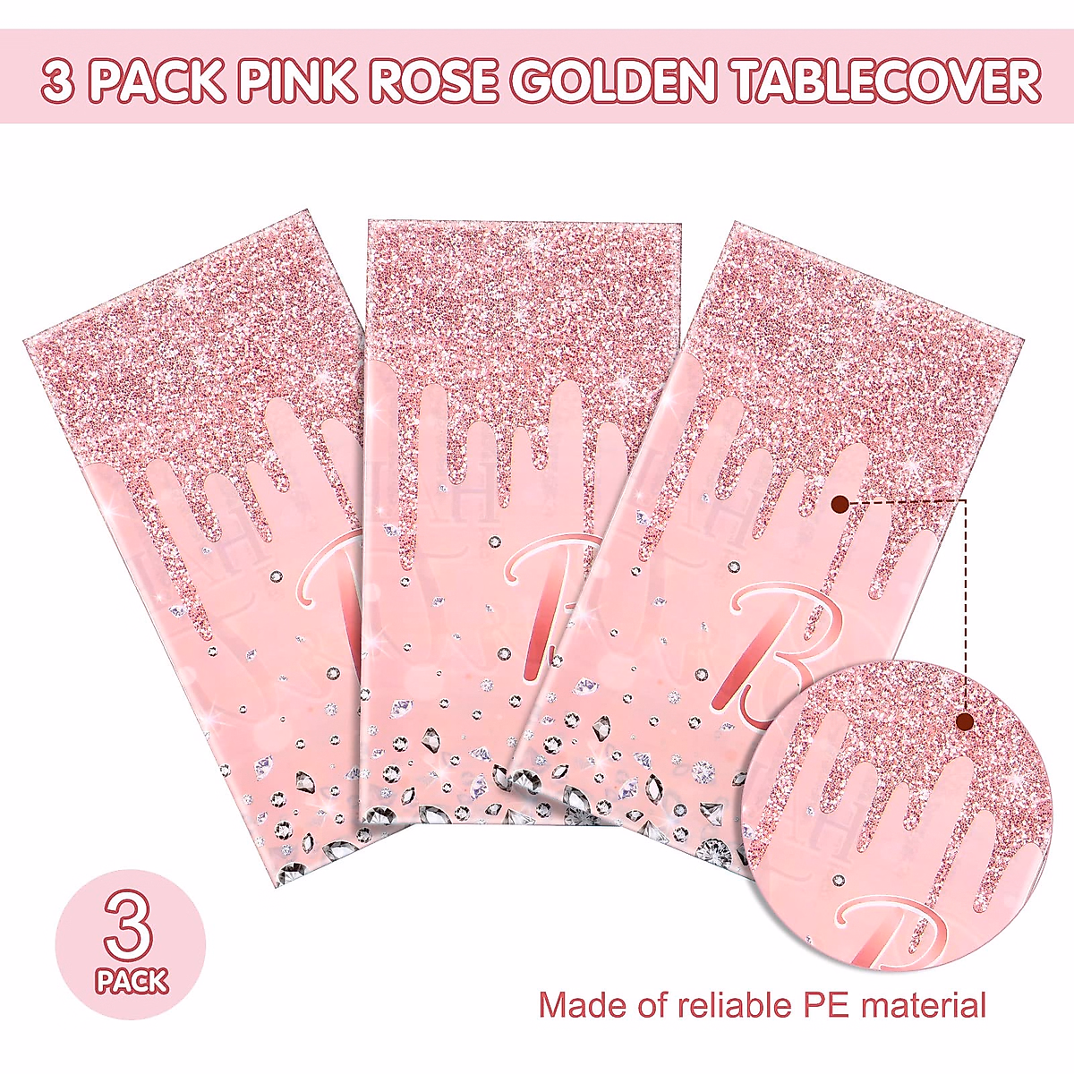 3 Pcs Pink and Rose Gold Tablecloths Glitter Diamond Table Cover PE Girl Party Glitter Table Cloths Sequin Printed Plastic Tablecloths for Girl Women Birthday Wedding Party, 54 x 108 (Happy Birthday)