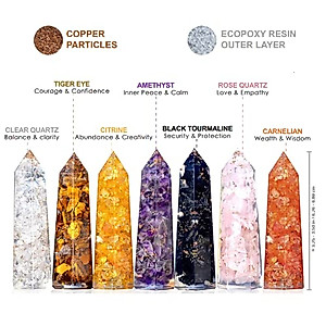 Orgone Healing Point Wands Set of 7 Includes 3.5” Amethyst Crystal, Rose Quartz, Black Tourmaline, Tigers Eye, Citrine, Carnelian, and Clear Quartz-big crystals for Spiritual Meditation and Protection