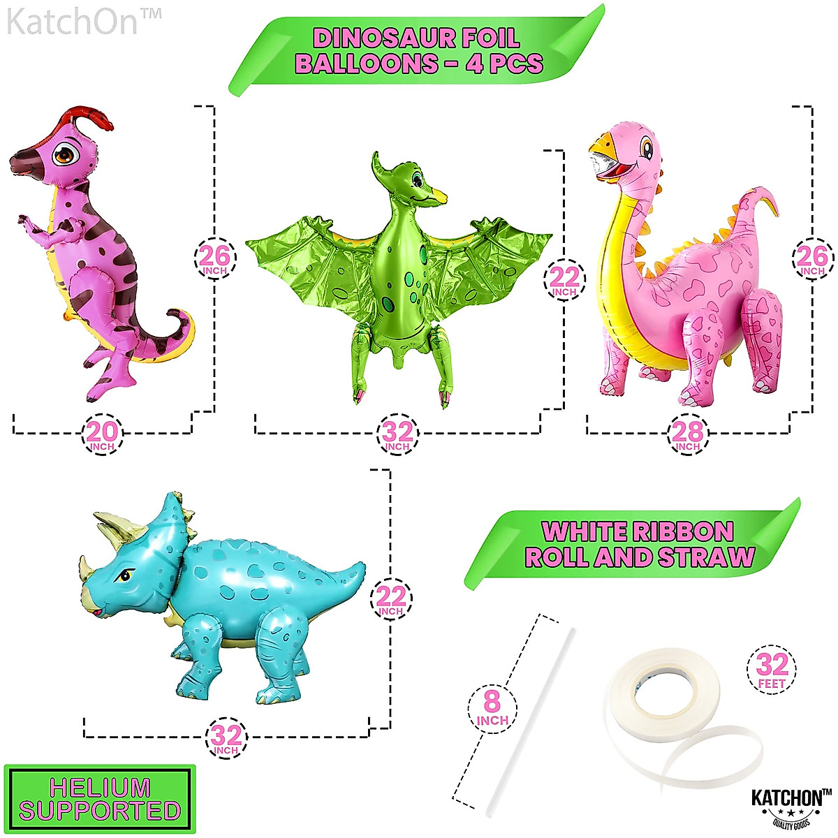 KatchOn, Large Pink Dinosaur Balloons for Birthday Party - Pack of 4 | Pastel Dino Balloons for Dinosaur Party Decorations | Dinosaur Birthday Party Supplies | Three Rex Birthday Decorations Girl