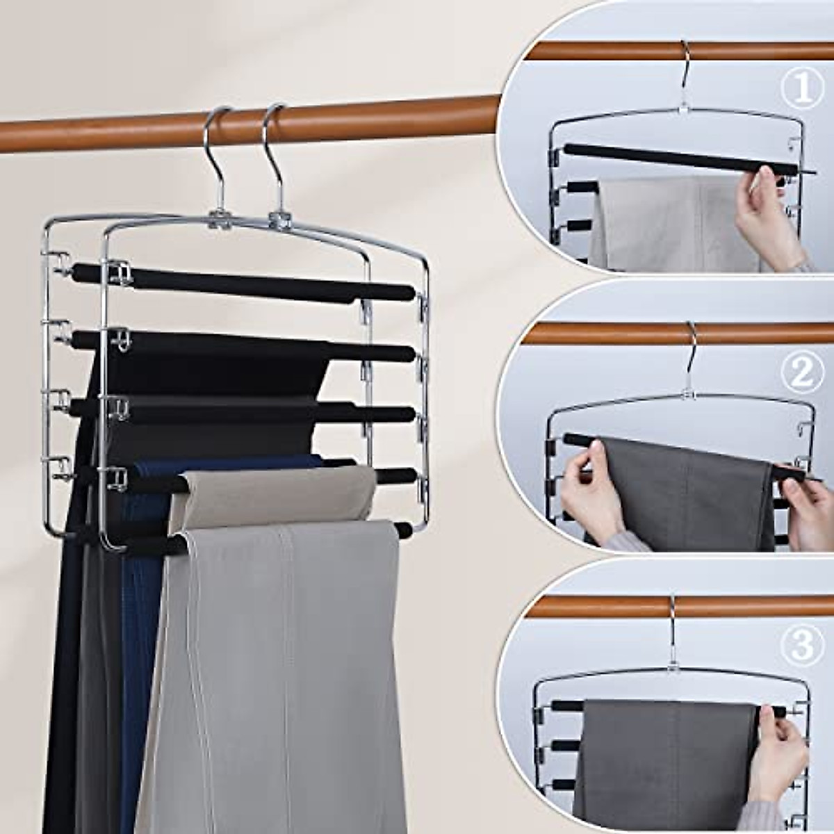 TOPIA HANGER Pants Hangers Space Saving, 2-Pack Swing Arm Pants Organizer for Closet, Non-Slip Foam Padded Organizer Hanger for Multi Slacks, Jeans, Trousers, Skirts, Scarfs, Black-CT08B