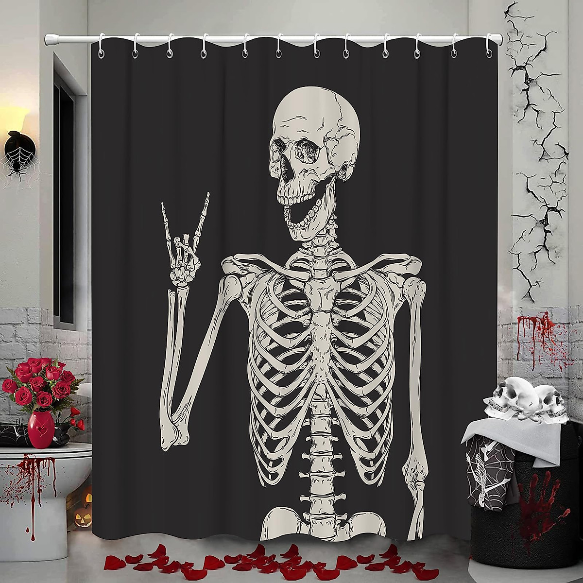 JOOCAR Rock and Roll Skull Skeleton Bone Love Music Vintage Shower Curtain Waterproof Sugar Candy Skull Day of Dead On Black Backdrop Bath Room Shower Curtain with 12 Hooks