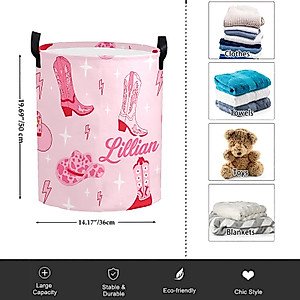 Cowgirl Boot Pink Personalized Laundry Basket Hamper,Collapsible Storage Baskets with Handles for Kids Room,Clothes, Nursery Decor