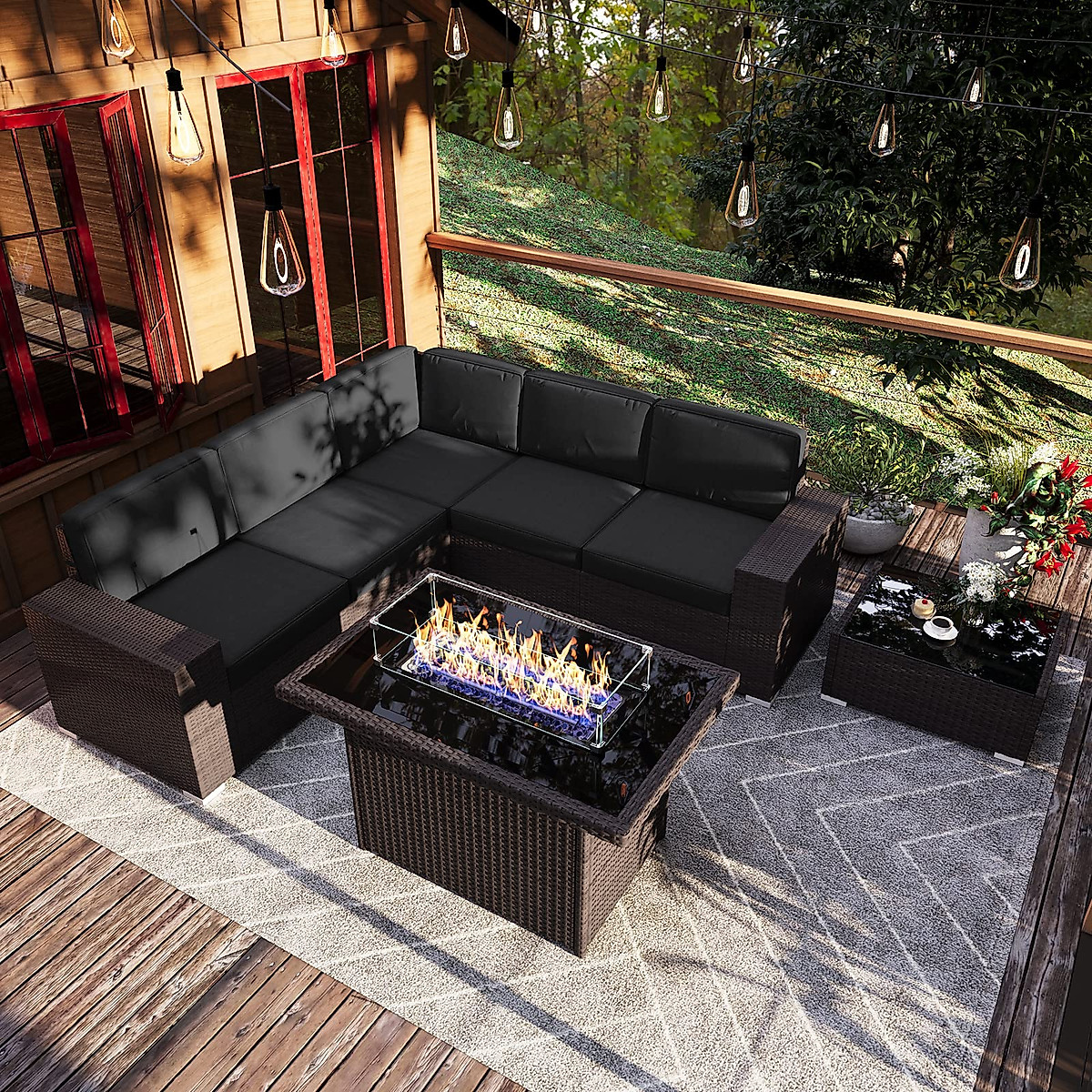 Vakollia 7 Pieces Patio Furniture Set with 44" Propane Gas Fire Pit Table, Outdoor Sectional Brown Rattan Wicker Conversation Sofa Sets with Coffee Table