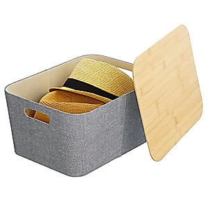 mDesign Fabric Basket with Lid - Stacking Decorative Storage Bin Box with Bamboo Lid Cover for Closet, Bedroom, Living Room or Office - Holds Clothing, Linens, and Accessories, 4 Pack, Navy Blue
