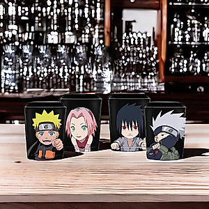 JUST FUNKY Naruto Shippuden Shot Glasses Set of 4 | Durable & Dishwasher Safe | 2 Oz Cubic Shot Glasses Featuring Naruto, Sasuke, Kakashi, Sakura | Officially Licensed