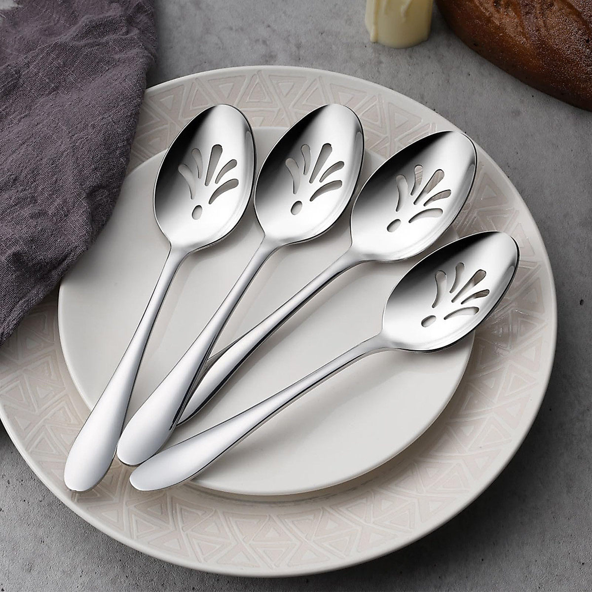 Stainless Steel Slotted Serving Spoons, E-far 4-Piece Metal Tablespoons Hostess Serving Utensils Set for Catering Buffet Party Kitchen Restaurant, Dishwasher Safe