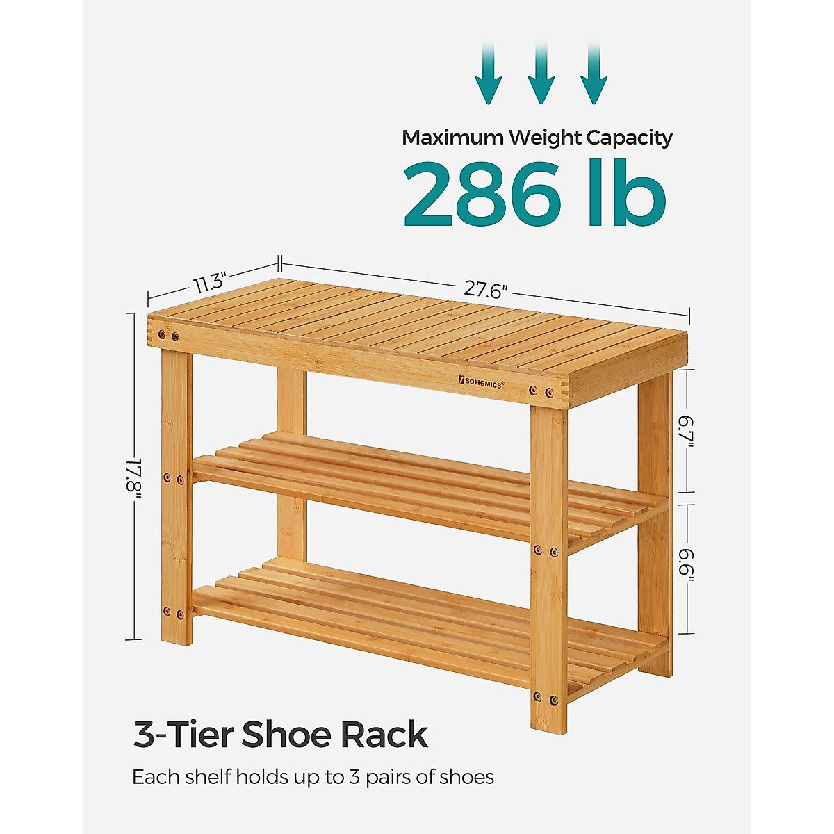 SONGMICS Shoe Rack Bench, 3-Tier Bamboo Shoe Storage Organizer, Entryway Bench, Holds Up to 286 lb, 11.3 x 27.6 x 17.8 Inches, for Entryway Bathroom Bedroom, Natural ULBS04N