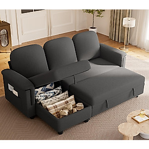 YESHOMY L-Shaped Sofa Bed Convertible Sectional,Pull Out Couches,3 Comfortable Seats with Storage Space,for Living Room,Cotton Grey